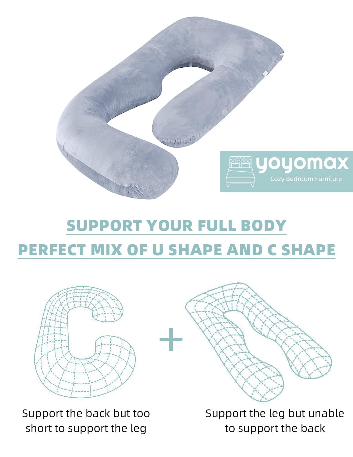 yoyomax U-Shaped Pregnancy Pillows, Memory Foam Pregnancy Pillow Full Body Maternity Pillow with Removable Cover,57 Inch , Pregnancy Pillows for Sleeping-Lakeblue