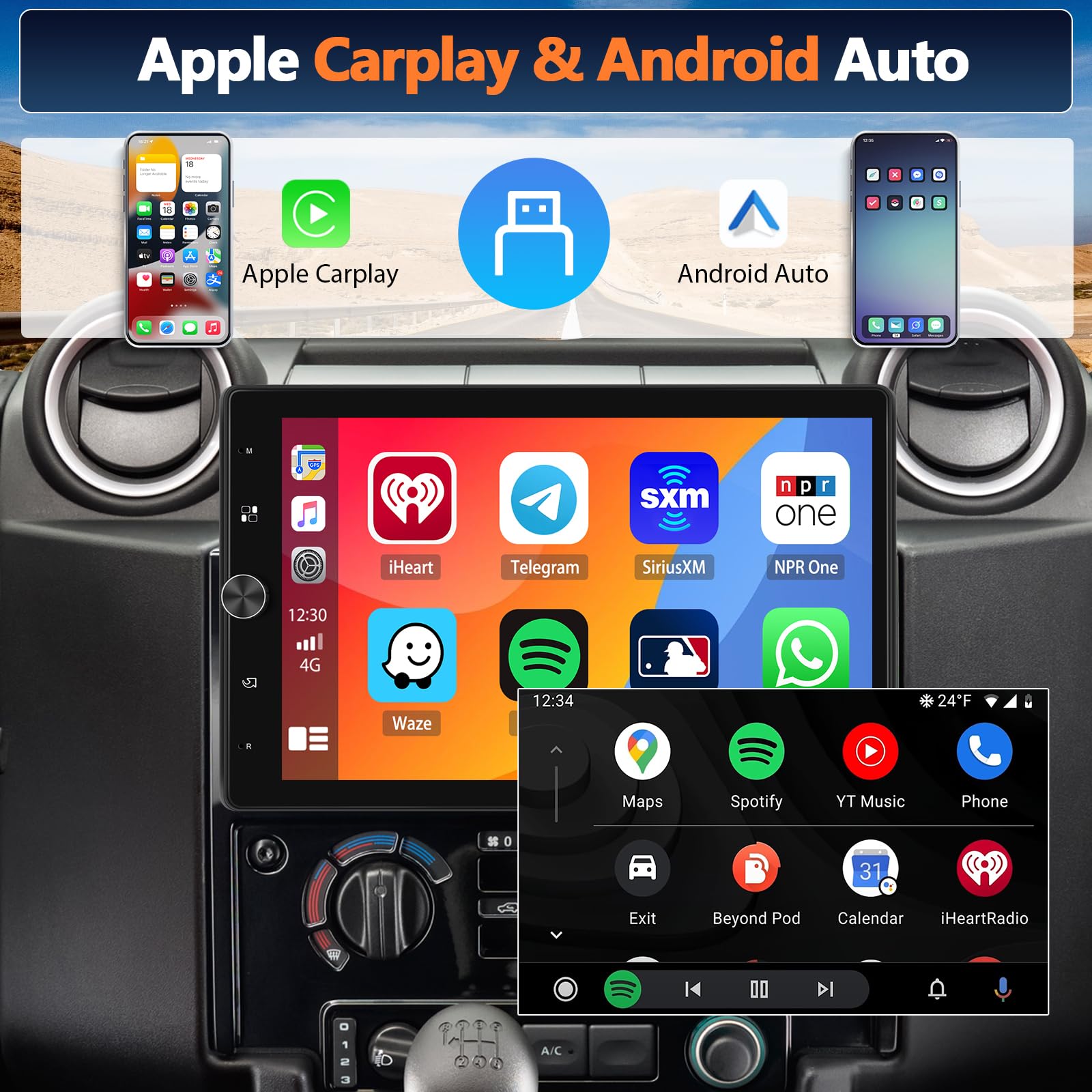 Single Din Apple Carplay Car Stereo with Android Auto, 10.4β Rotatable Vertical Touchscreen Bluetooth Car Radio with Mirror Link | Voice Control | FM Radio | 16-band EQ | USB | TF | AUX+Backup Camera