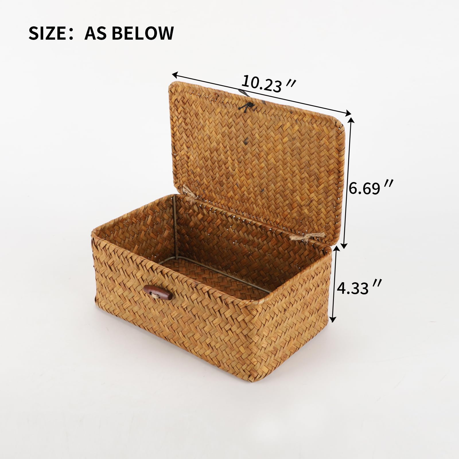 YRHOME Seagrass Rattan Basket Storage with Lid, Natural Hand-woven Rectangular Household Basket Bins for Organizer Boxes Shelf Desk (Original 10.2’’D X 6.7’’W X 4.3’’H)