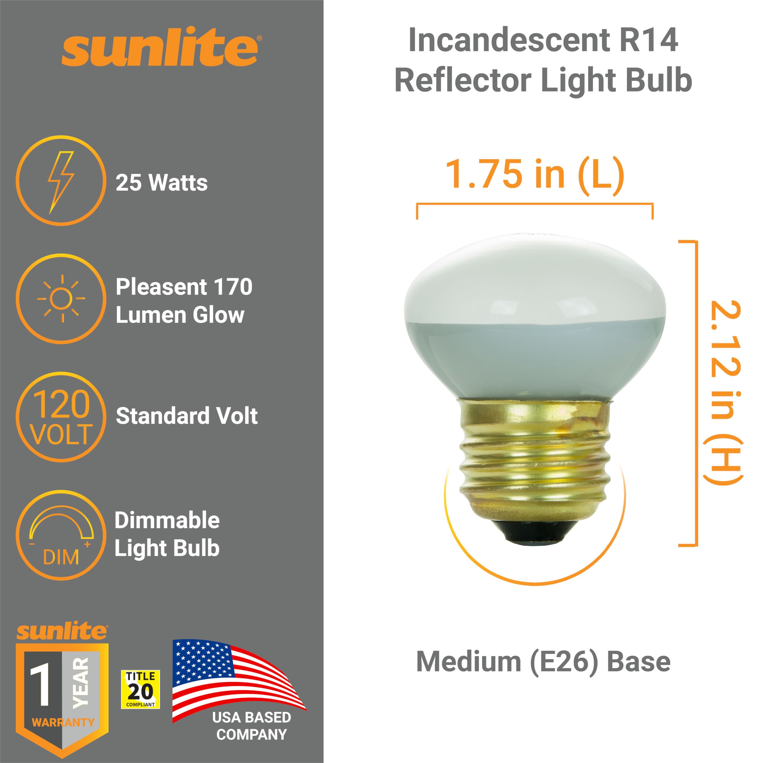 Sunlite R14 Incandescent Reflector Light Bulb, 25 Watts, 170 Lumens, 120 Volt, Medium Base (E26), Dimmable, Mercury Free, 2600K Warm White, Frosted, 12 Pack