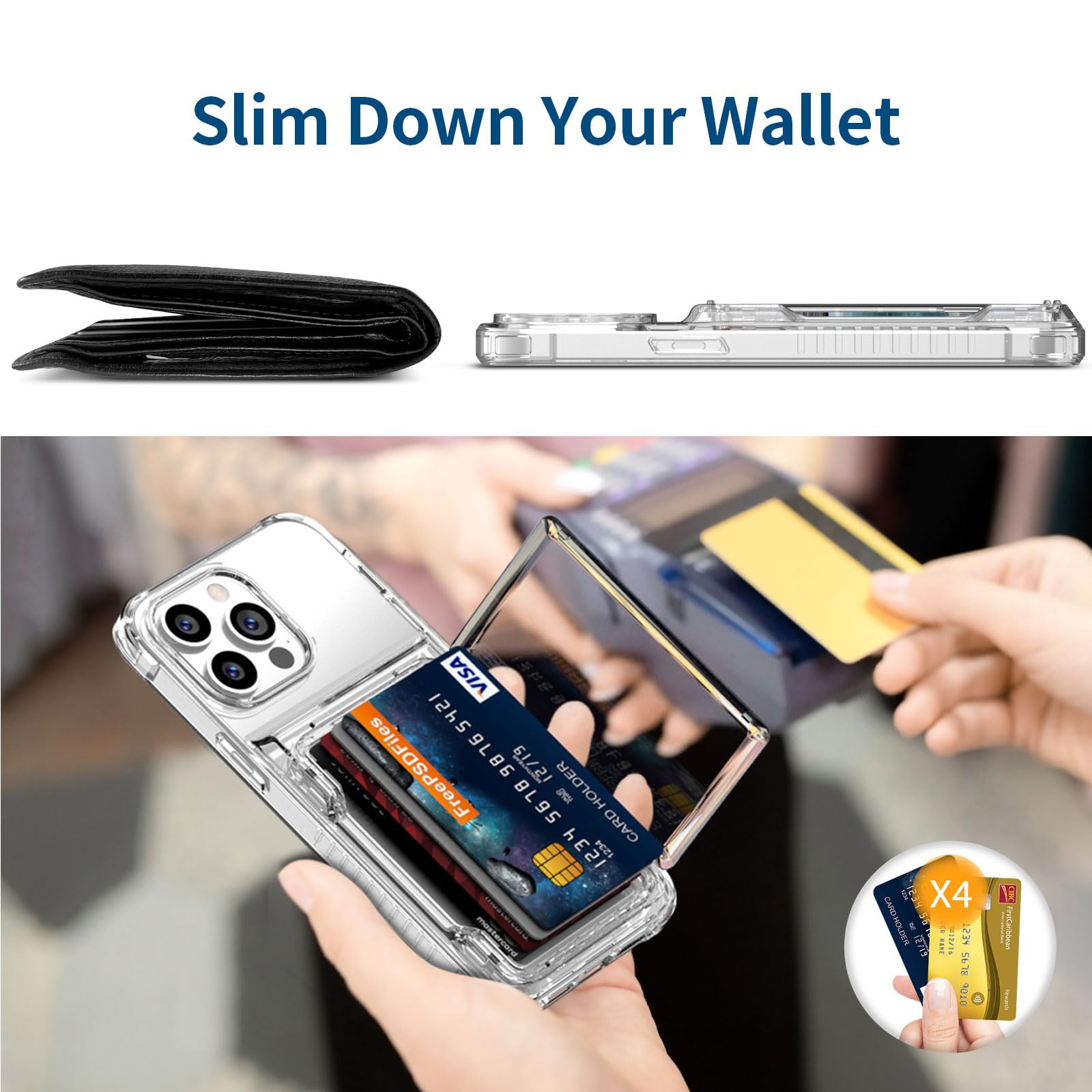 TITACUTE for iPhone 15 Pro Max 6.7 Case Wallet 4 Credit Card Holder Slot Flip Cover Design Clear Case for iPhone 15 Pro Max Back Pocket Hard Shell Armor Hybrid Protective Bumper for iPhone 15 Pro Max