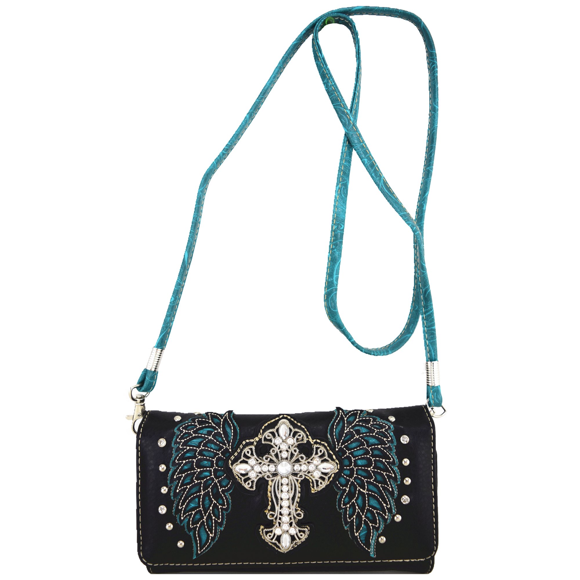 Western Style Rhinestone Cross Studded Laser Cut Wings Tooled Leather Purse Women Handbags Country Shoulder Bag Wallet Set (2Black/Turq Set)
