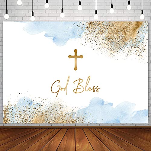 SENDY 7x5ft God Bless Backdrop for Boy First Holy Communion Baptism Christening Party Decorations Blue Watercolor Clouds Gold Cross Newborn Baby Shower Photography Background Banner Photo Booth Studio