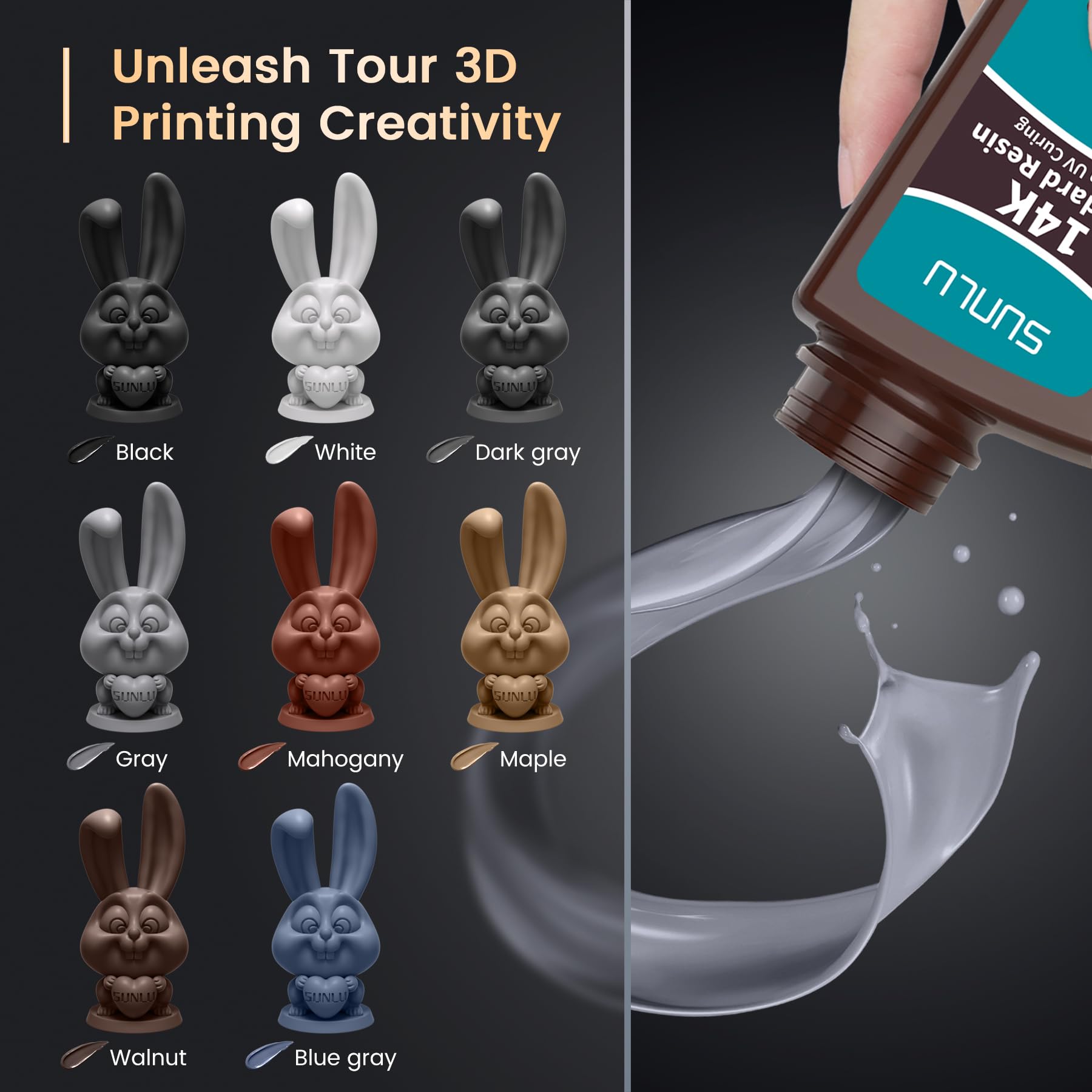 SUNLU 3D Printer Resin, 2000g Standard Photopolymer 405nm UV Curing Resin for 4K/8K LCD/DLP/SLA Resin 3D Printer, 3D Printing Liquid Fast Curing Resin, High Precision, Low Shrinkage, 2KG, Grey