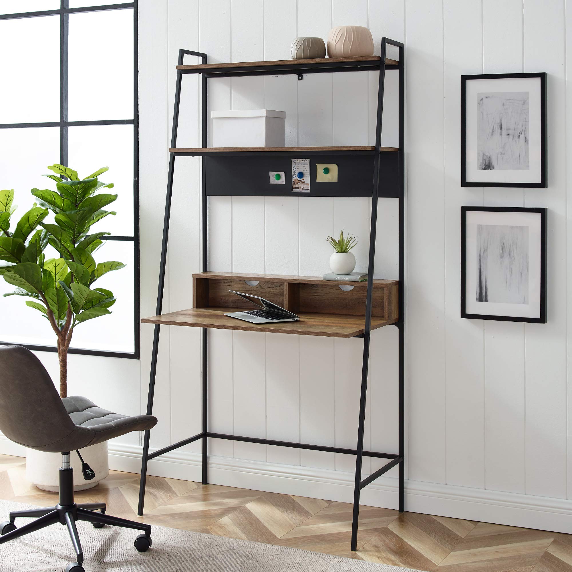 Walker Edison Freya Urban Industrial Ladder Desk with Metal Magnet Board, 36 Inch, Rustic Oak