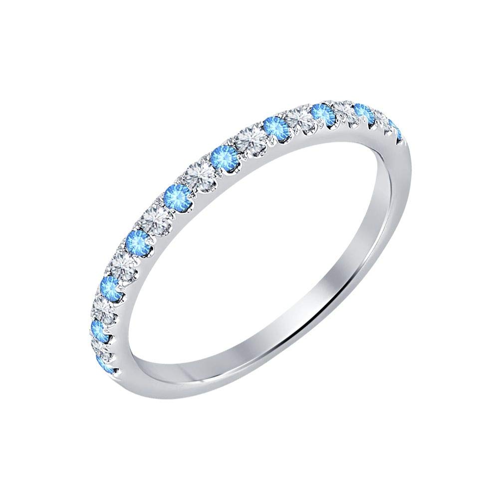 tusakha Round Cut Blue Topaz & Diamond Half Eternity 18k White Gold Over .925 Sterling Silver Wedding Engagement Band Ring for Women