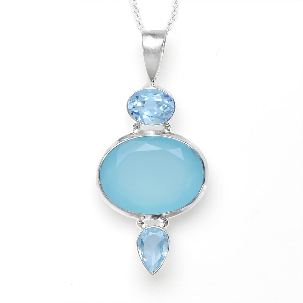 YoTreasure Blue Topaz & Chalcedony Crystal Necklace .925 Sterling Silver Chain Pendant