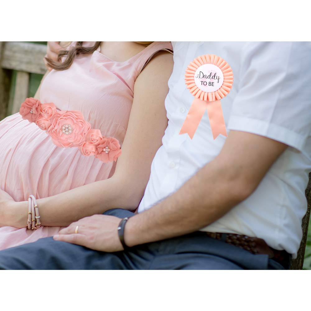 TTCOROCK Blush Peach Maternity Sash & Dad to be Corsage Kit - Baby Shower Sash Baby Boy Pregnancy Sash Keepsake Baby Shower Flower Belly Belt