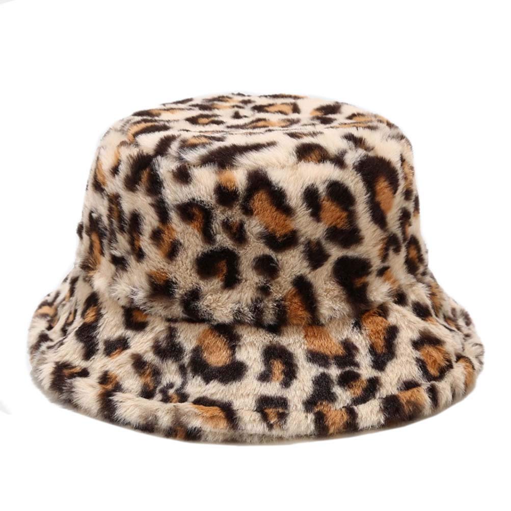 Women's Leopard Print Faux Fur Bucket Hat Fluffy Winter Warmer Plush Fisherman Cap