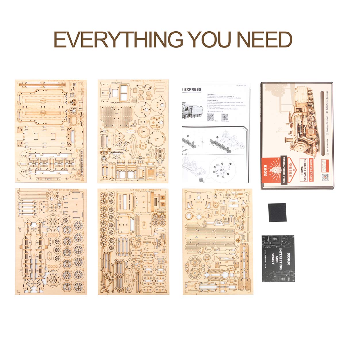 ROKR 3D Wooden Puzzle for Adults-Mechanical Train Model Kits-Brain Teaser Puzzles-Vehicle Building Kits-Unique Gift for Kids on Birthday/Christmas Day(1:80 Scale)(MC501-Prime Steam Express)