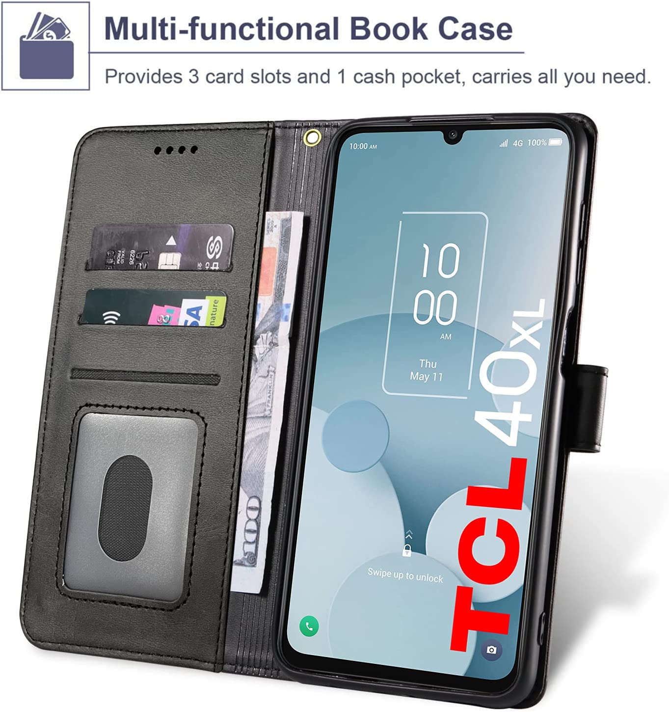 TTYSHTT for TCL 40 XL Case and Tempered Glass Screen Protector, PU Leather Flip Cover Wallet Phone Case Protector [Full Protection] [Card Slots] [Kickstand] for TCL 40 XL, Black
