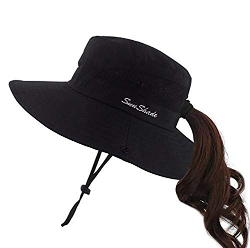 Women's Outdoor UV-Protection-Foldable Sun-Hats Mesh Wide-Brim Beach Fishing Hat with Ponytail-Hole (Black)