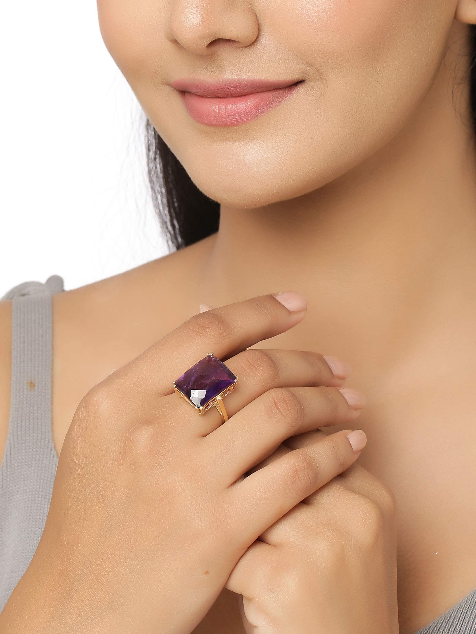 YoTreasure Natural Amethyst Statement Ring Gold Plated Over 925 Silver Gemstone Jewelry