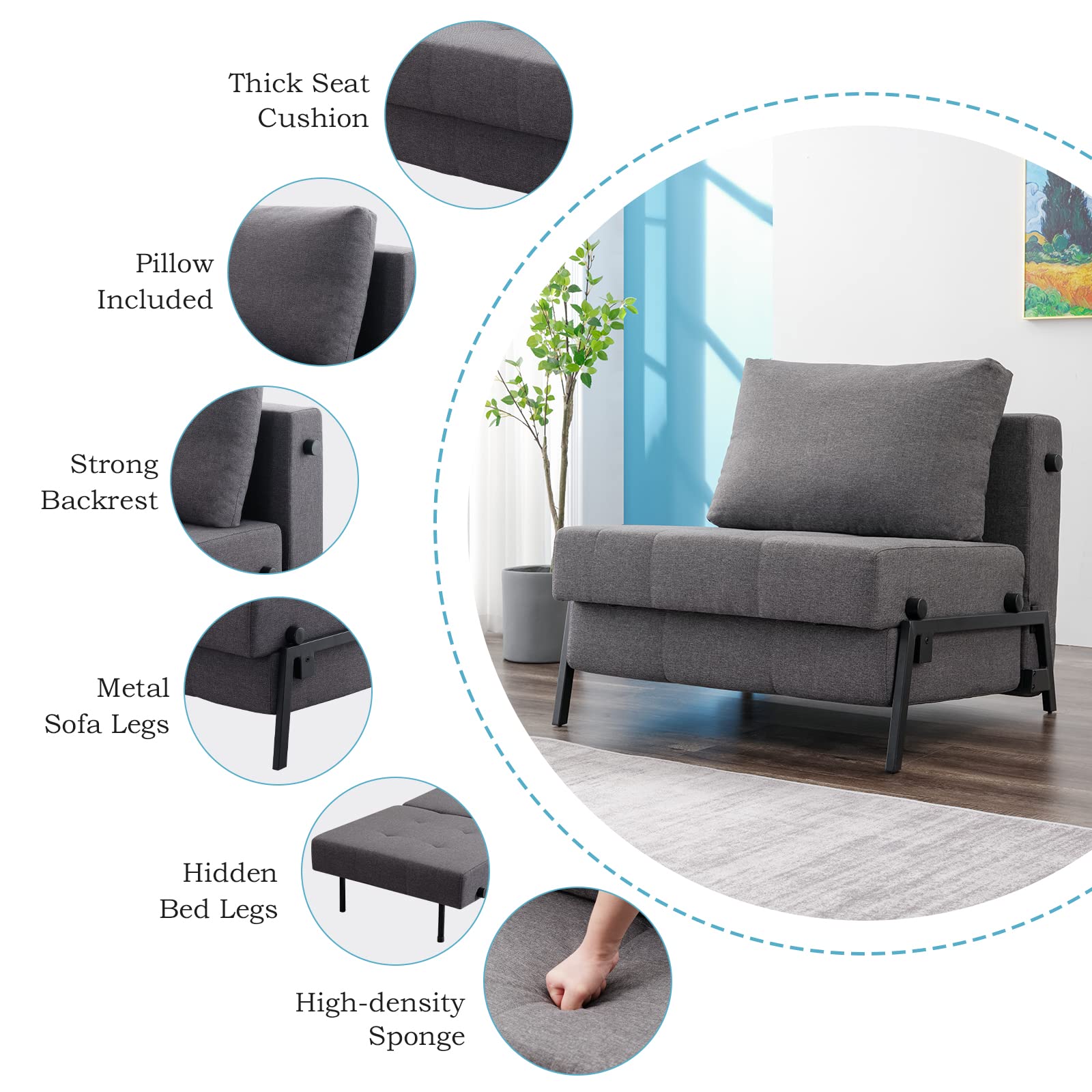 Vonanda Sofa Bed, Convertible Chair Bed Multi-Function Sleeper Chair Modern Breathable Linen Folding Sofa Sleeper with Hidden Legs for Small Room Apartment, Dark Gray