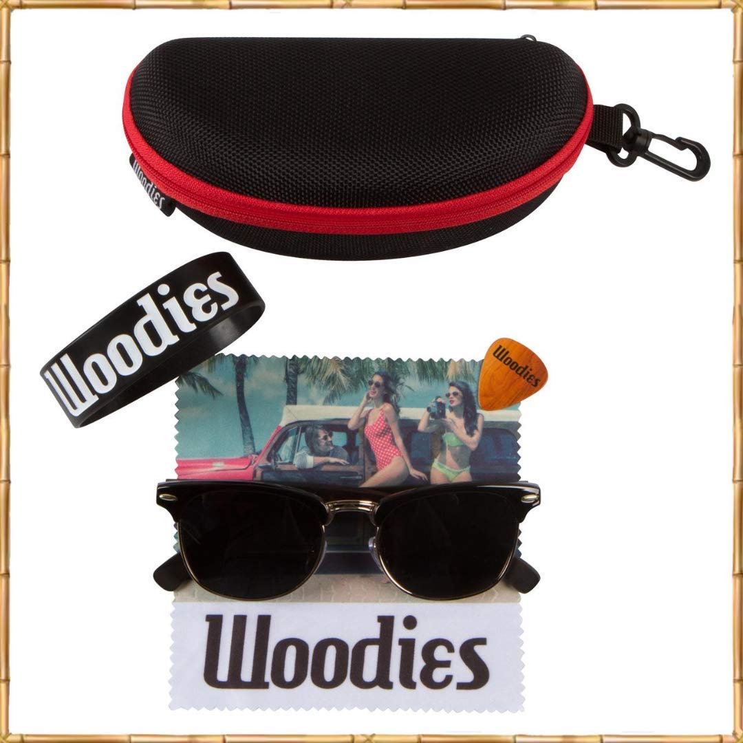 Woodies Wood Semi Rimless Sunglasses Polarized Black Lenses for Men & Women - Beach Ebony Wooden Frame - 100% UVA UVB Ray Protection