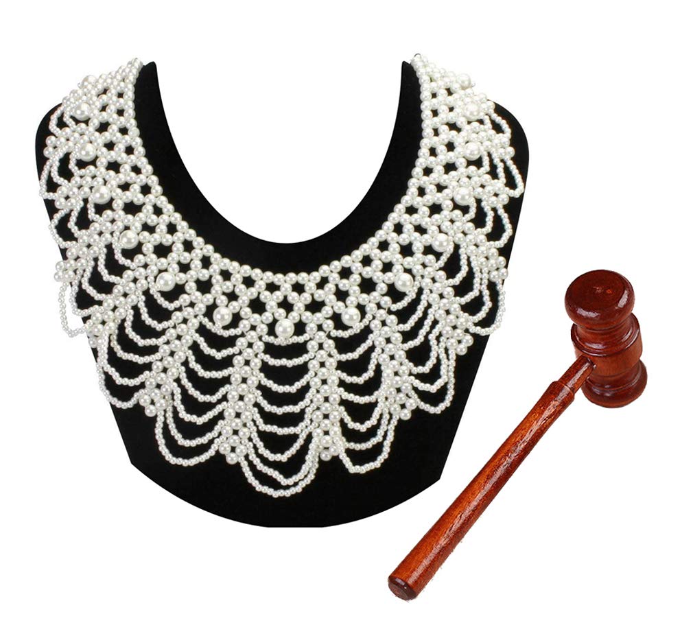 Women's RBG Dissent Collar Pearl Beaded False Collar Necklace and Judge Gavel Costume (White)