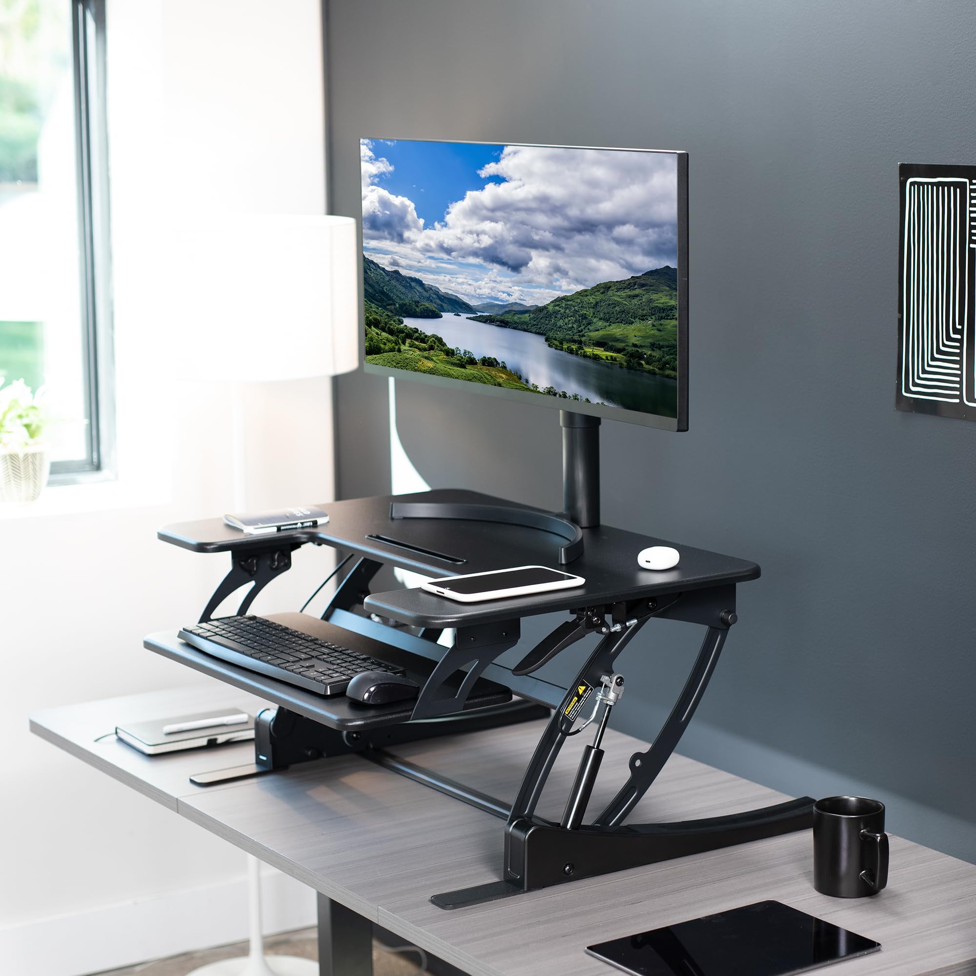 VIVO 32 inch Height Adjustable Stand Up Desk Converter, V Series, Quick Sit to Stand Tabletop Dual Monitor Riser Workstation, Black, DESK-V000VS