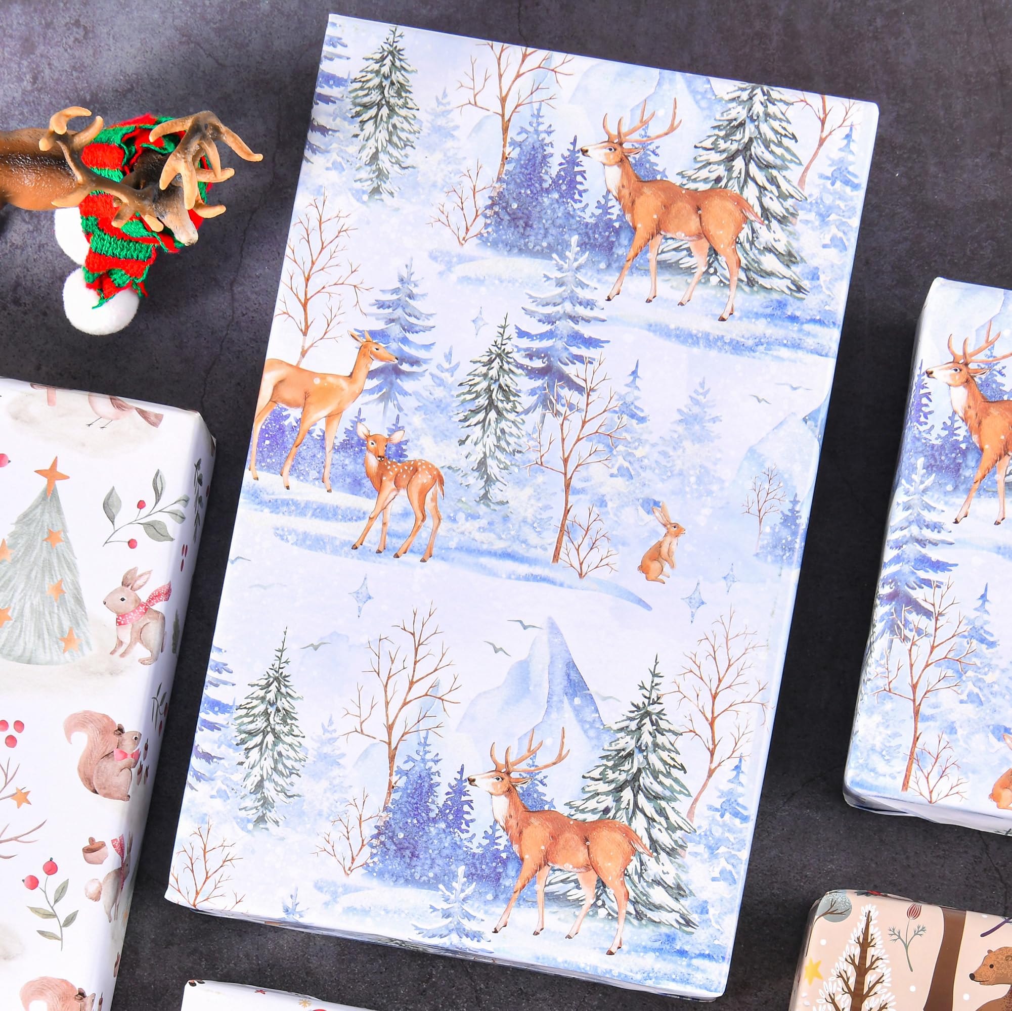 Titiweet Woodland Christmas Animal Gift Wrapping Paper - 12 Sheets with Bear, Deer, Rabbit, Fox, Squirrel and Reindeer, 20 x 28 Inches Per Sheet