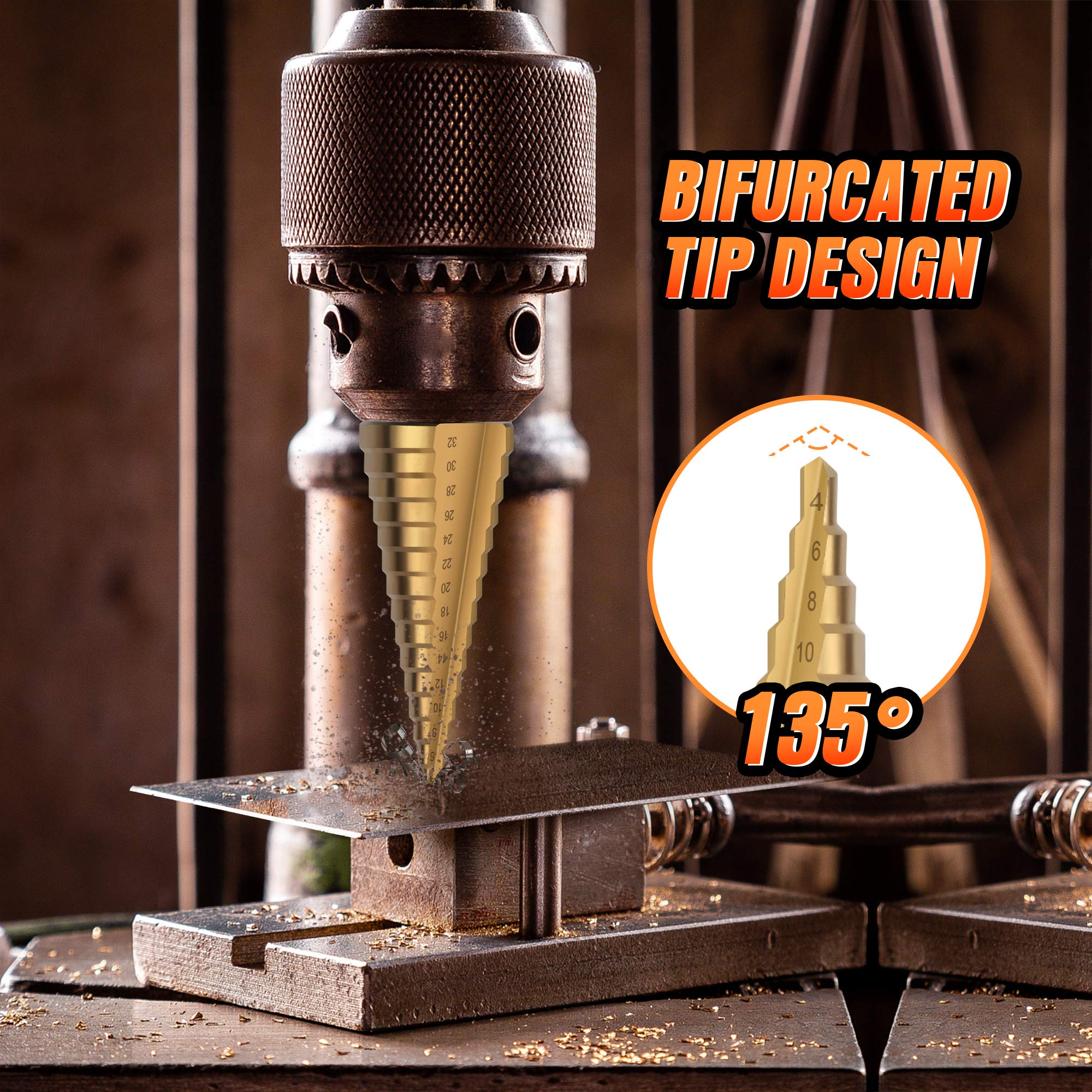 Step Drill Bit Set for Metal - JelBo 1/4inch High Speed Steel Titanium Coated Metric Straight Groove Step Drill Bits Set, Hex Shank Hss Cone Uni Bit Kit for Hole Wood(3Pcs/Set 4-12/4-20/4-32mm)