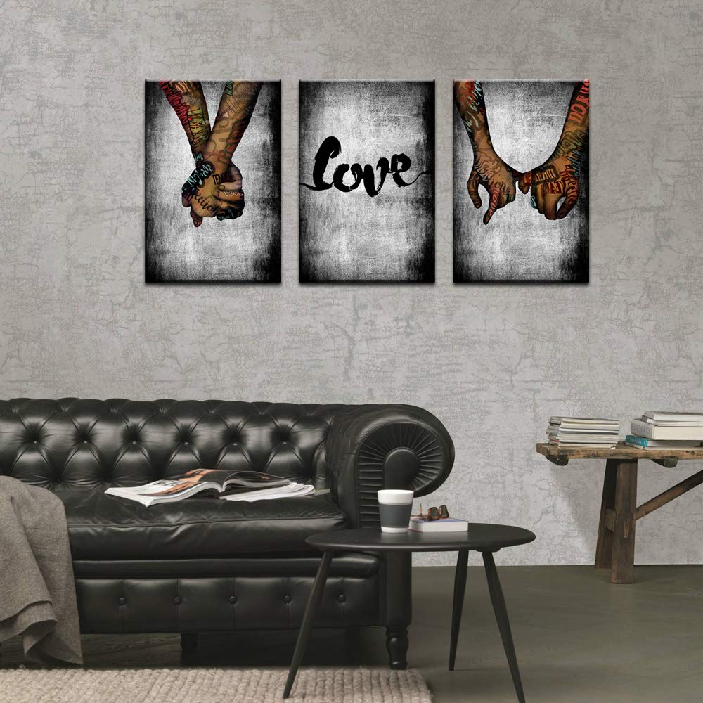 sechars Graffiti Canvas Wall Art Love Hand in Hand Painting Poster Print Abstract Pop Art for Bedroom over The Bed Decoration Lover Artwork Framed Ready to Hang 16x24inchx3PCS