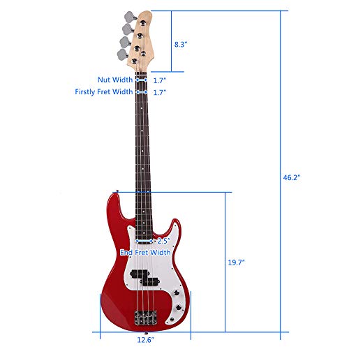 Vasitelan Electric Bass Guitar Full Size 4 String 46 Inch Bass (Red)