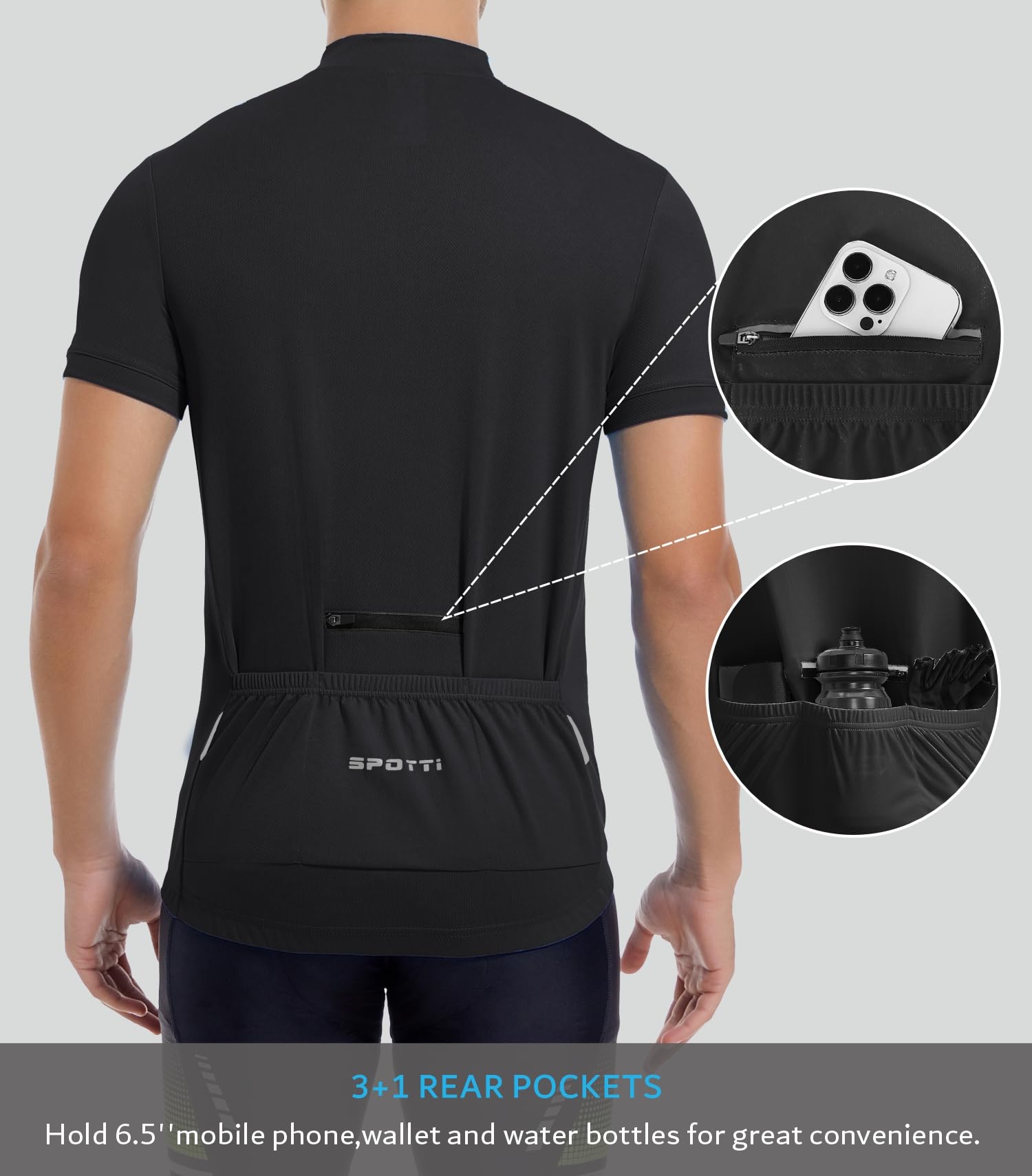 Spotti Men's Cycling Bike Jersey Short Sleeve with 3 Rear Pockets- Moisture Wicking, Breathable, Quick Dry Biking Shirt Black