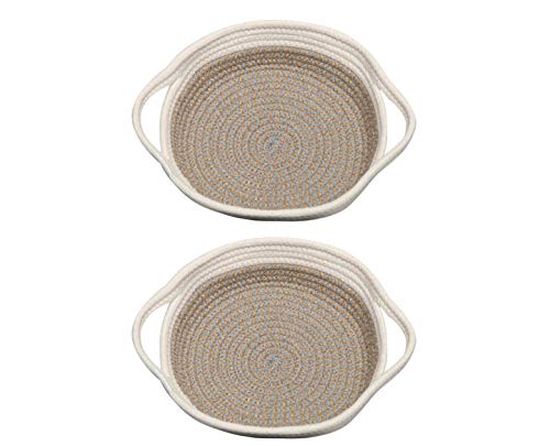 YUKIMOCOO 2 Pack Small Woven Basket, Home Decor Basket, Small Gift Basket, Desk Basket for Jewellery&Keys, Cute Rope Baskets, Small Toy Storage Basket (Grey Camel Mix&White - Hemp Rope)