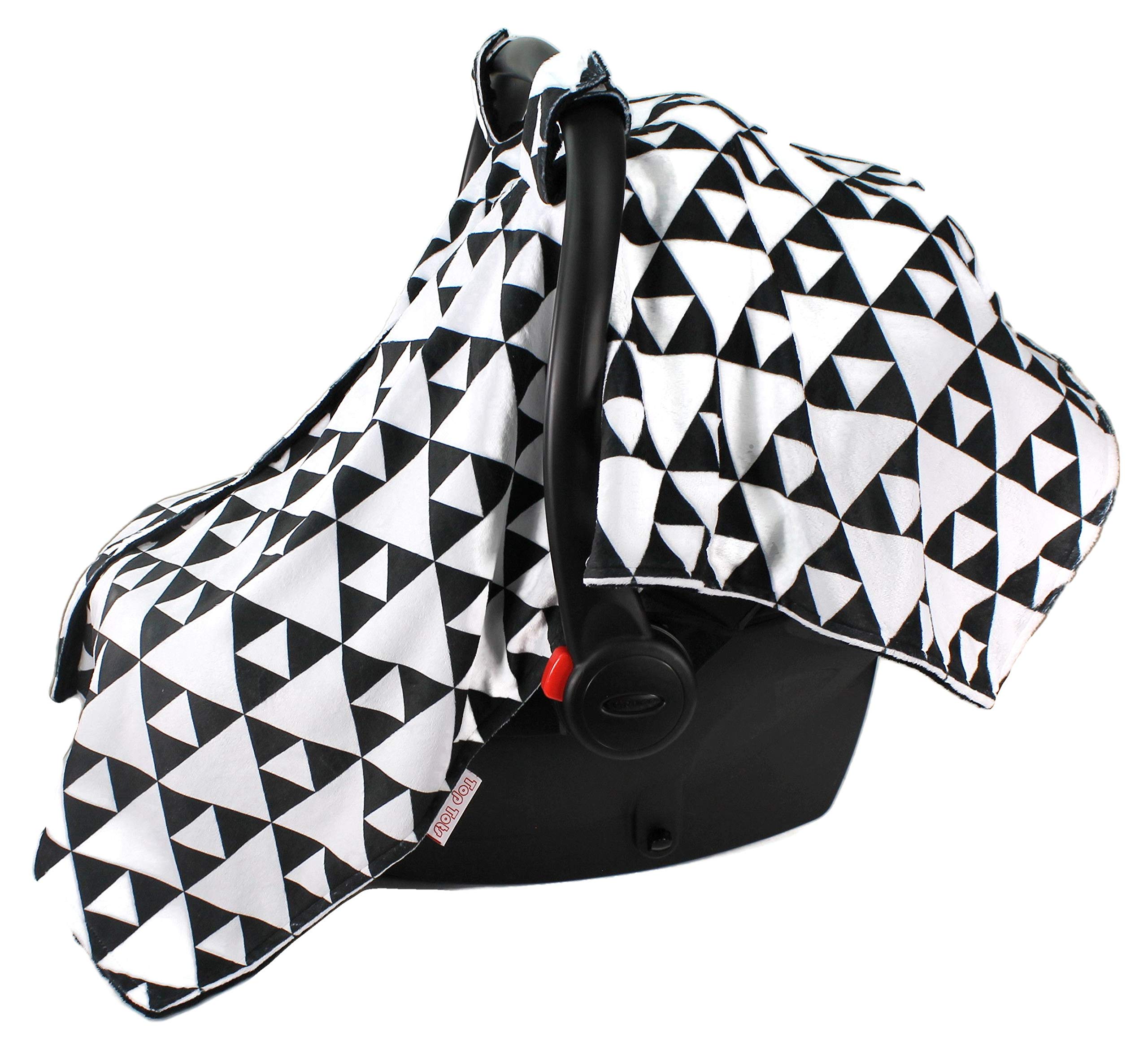 Top Tots Deluxe Baby Car Seat Canopy Cover, Triple Triangle, Minky Dot, Black, Includes 1 Year Warranty