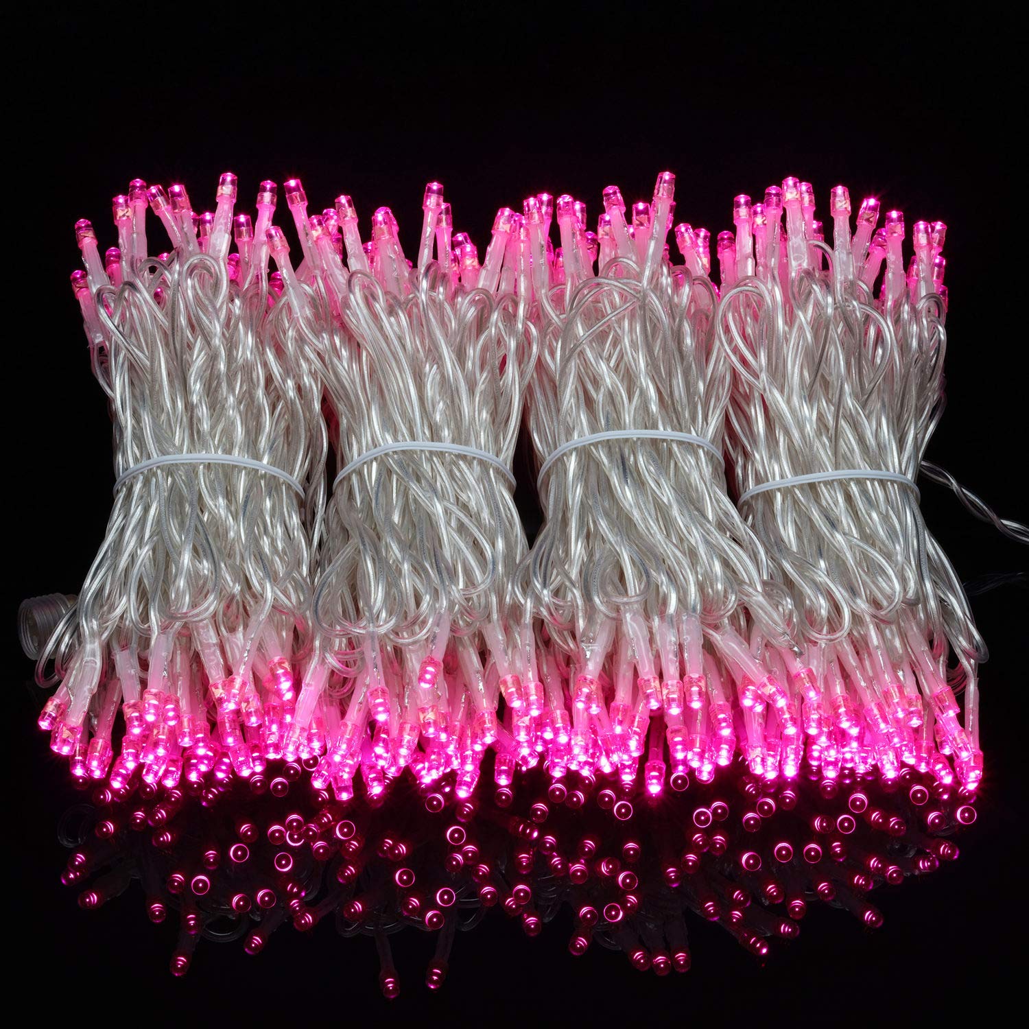 YULETIME 100 Feet 300 Count Pink LED String Lights with 8 Models Adapter, Clear Wire Wide Angle 5mm Christmas Lights (Pink - Multimode)