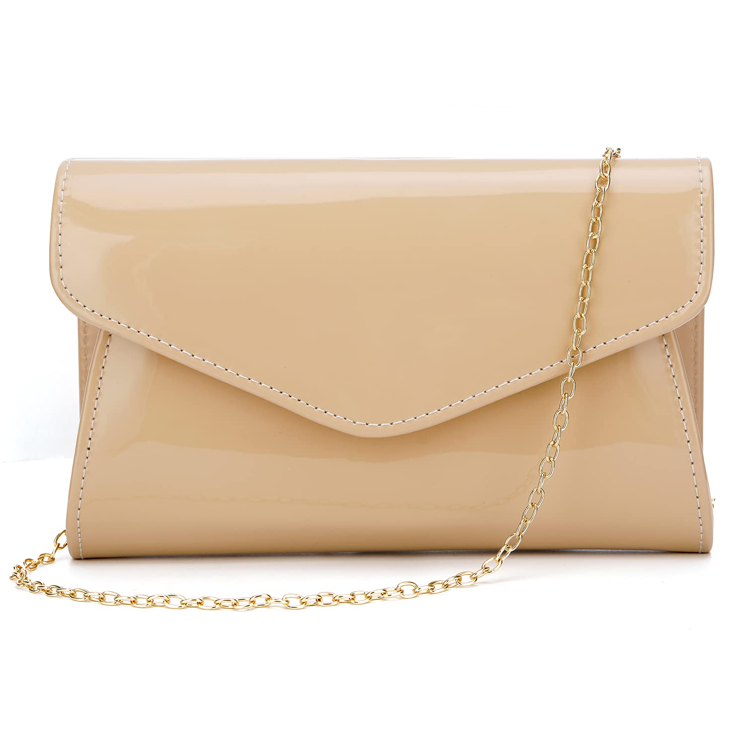 ZIUMUDY Patent Leather Evening Bags Envelope Clutches Shoulder Chain Bag Wallet Purse Handbag (Nude)