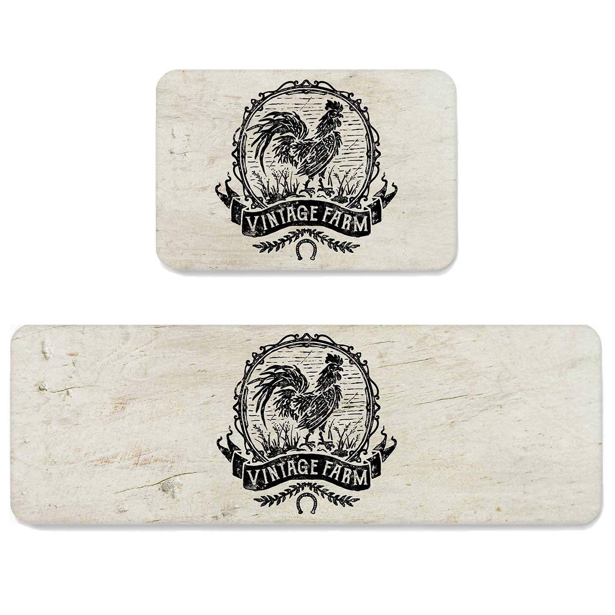 Vintage Farm 2 Pieces Kitchen Mat Set Indoor Doormats with Rubber Backing, Rooster Sign Floral Wreath Absorbent Memory Foam Runner Rugs Anti Fatigue Standing Mats for Doorway/Kitchen/Bathroom