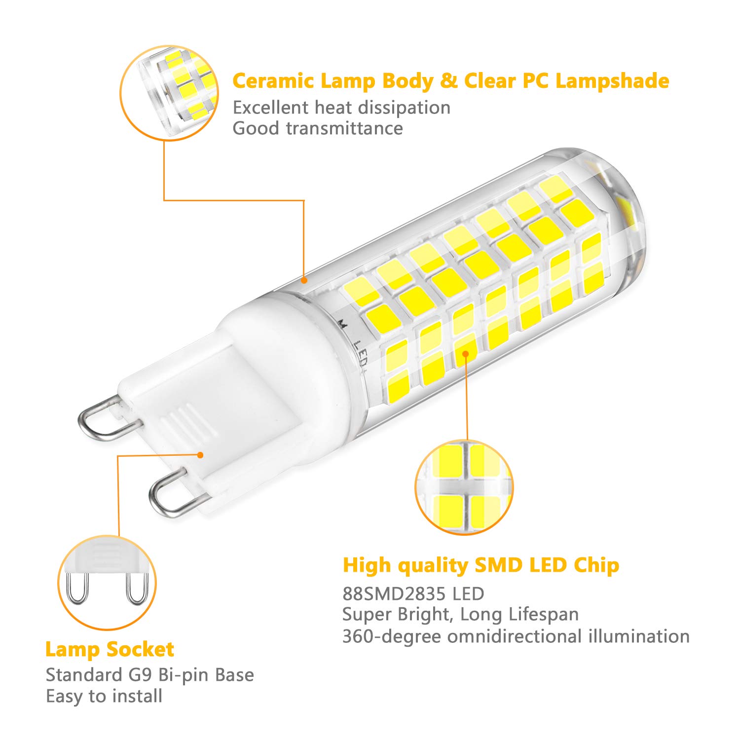 YUIIP G9 LED Light Bulb 7W Dimmable 50W 60W Halogen Bulbs Equivalent Daylight White 6000k AC120V Lamp G9 Bi Pin Base, Non-Flicker, 360°Beam Angle, Pack of 6