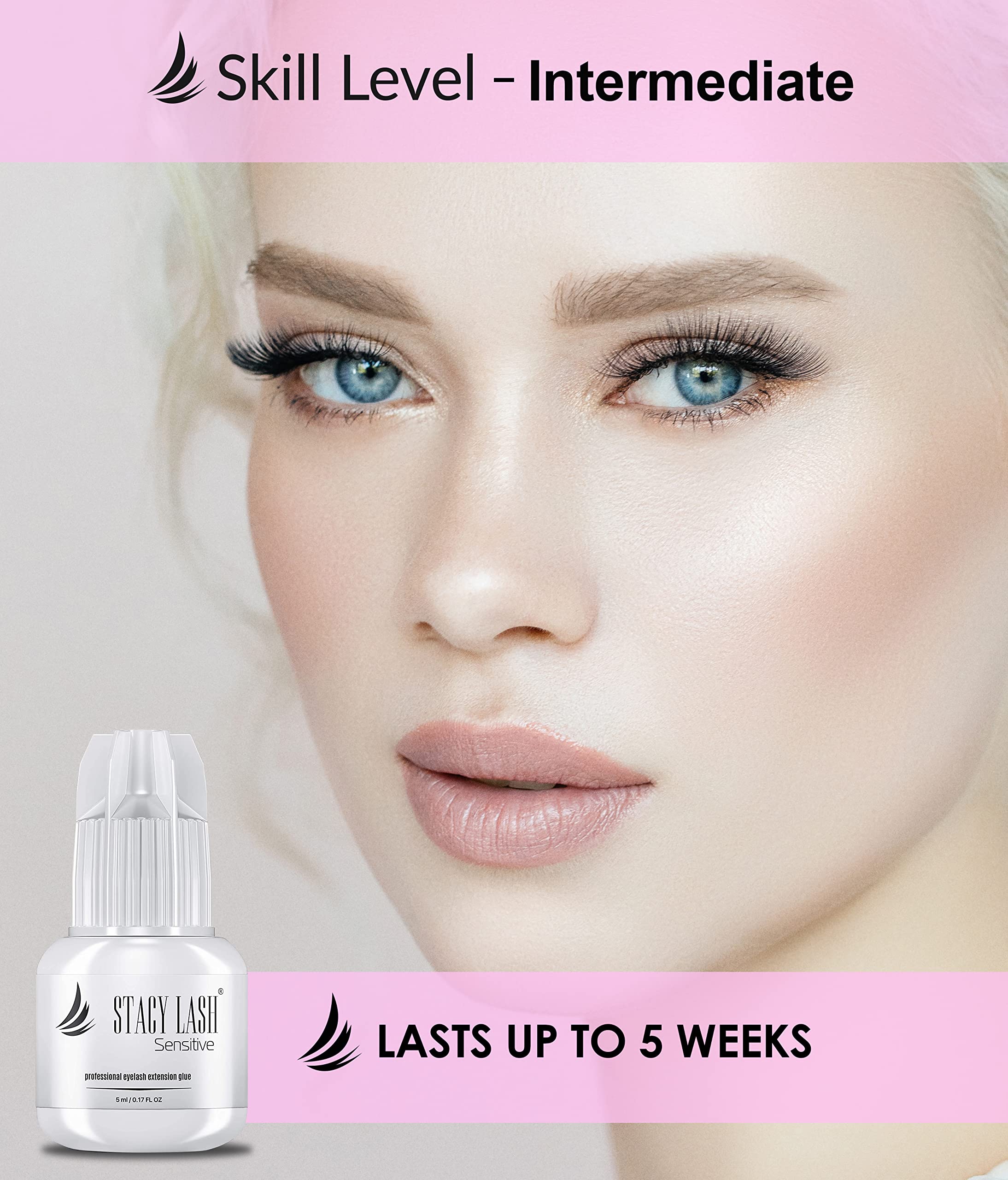 Sensitive Eyelash Extension Glue Stacy Lash 0.34fl.oz/10ml / 5-6 Sec Drying time/Retention – 4-5 Weeks/Black Adhesive/Professional Supplies