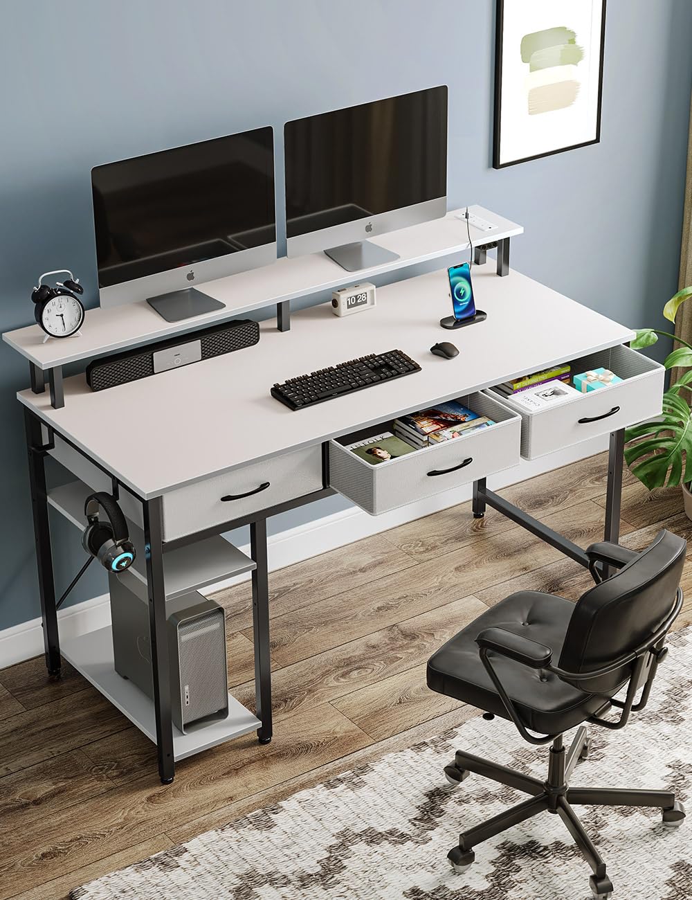 Rolanstar Computer Desk with Power Outlets & LED Light, 55 inch Home Office Desk with Drawers and Storage Shelves, Writing Desk with Monitor Stand, Modern Work Study Desk for Home Office, White