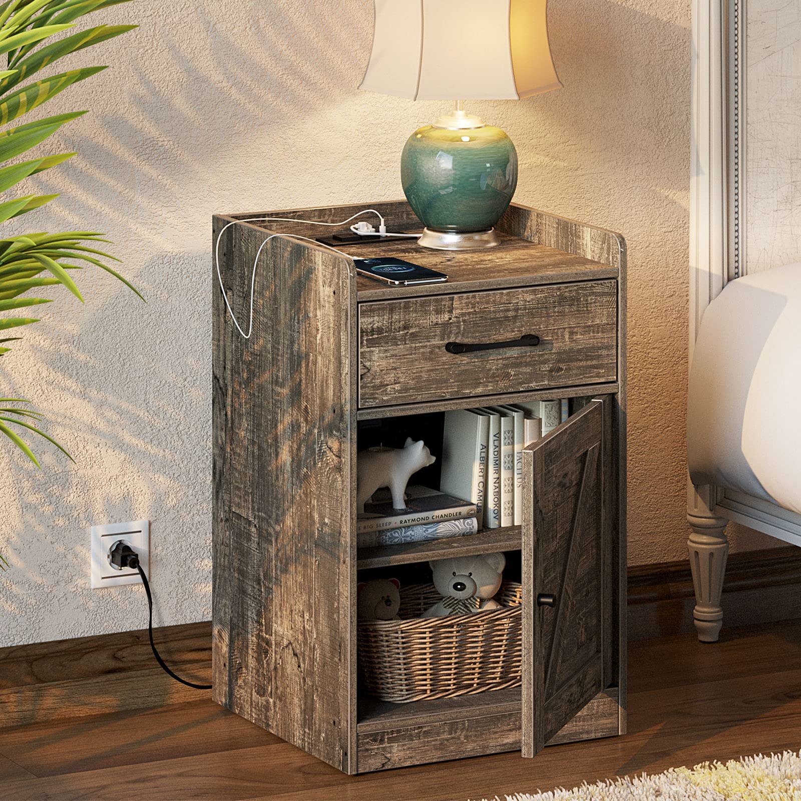 Rolanstar Nightstand with Charging Station, Farmhouse End Side Table with Storage Drawer and Cabinet for Bedroom, Grey