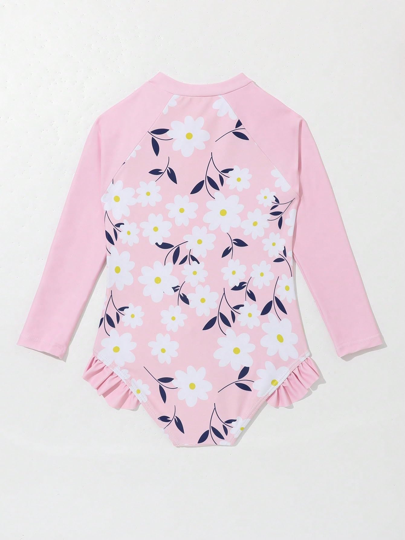SweatyRocks Girl's Cute Floral Print Long Sleeve Mock Neck Zip Front One Piece Monokini Swimsuit Blue 6Y