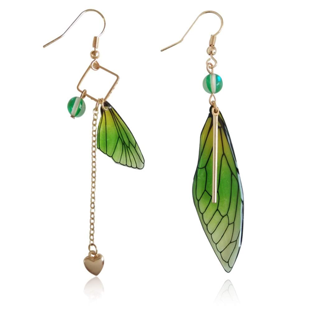 Unique Asymmetry Big Monarch Colorful Butterfly Wing Drop Dangle Earrings Crystal Dragonfly Wing Earrings Fashion Insect Jewelry For Women Gifts (Green)