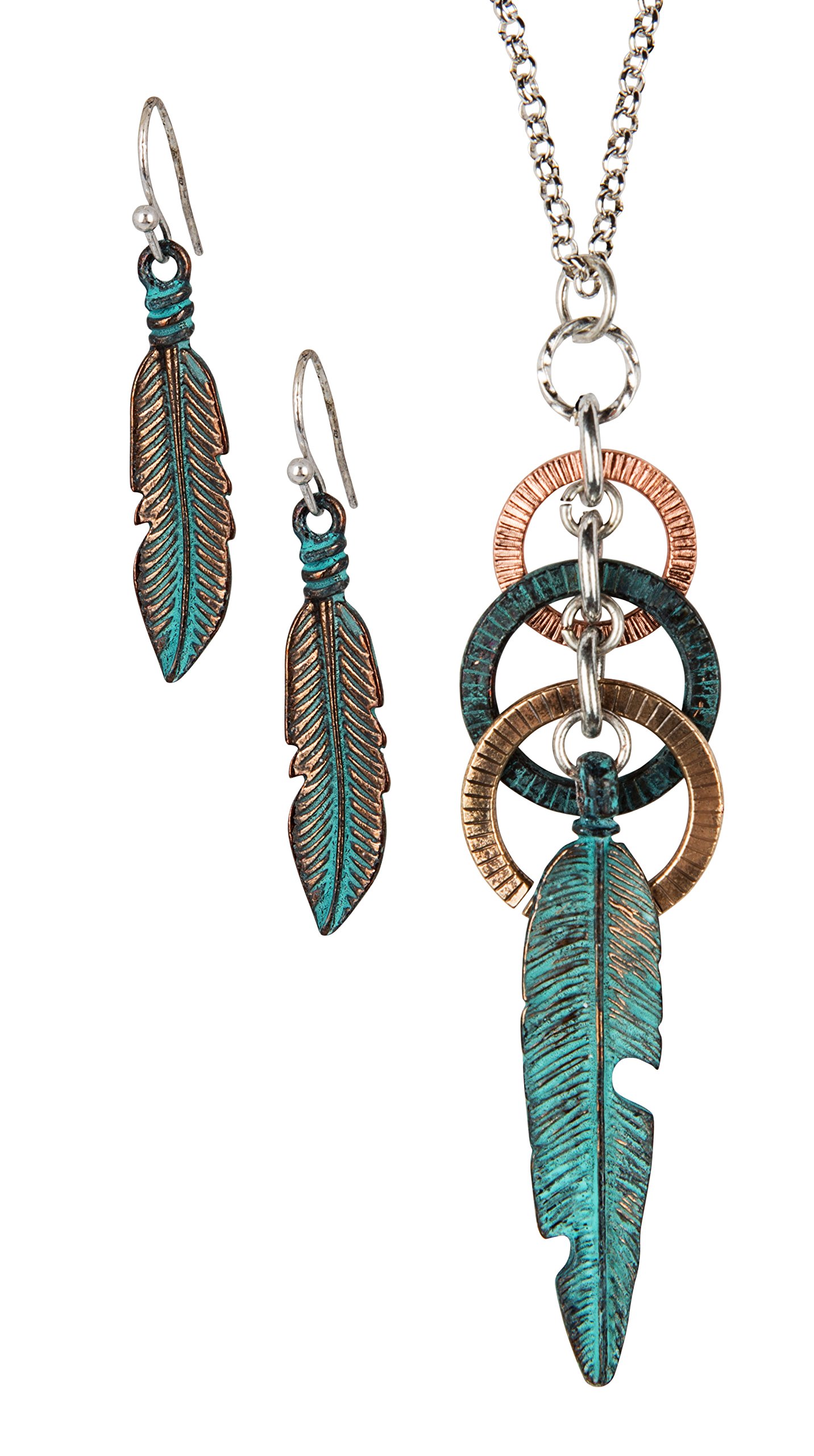 SPUNKYsoul Feather Circle Long Necklace for Women Collection (3 Toned Patina Copper)