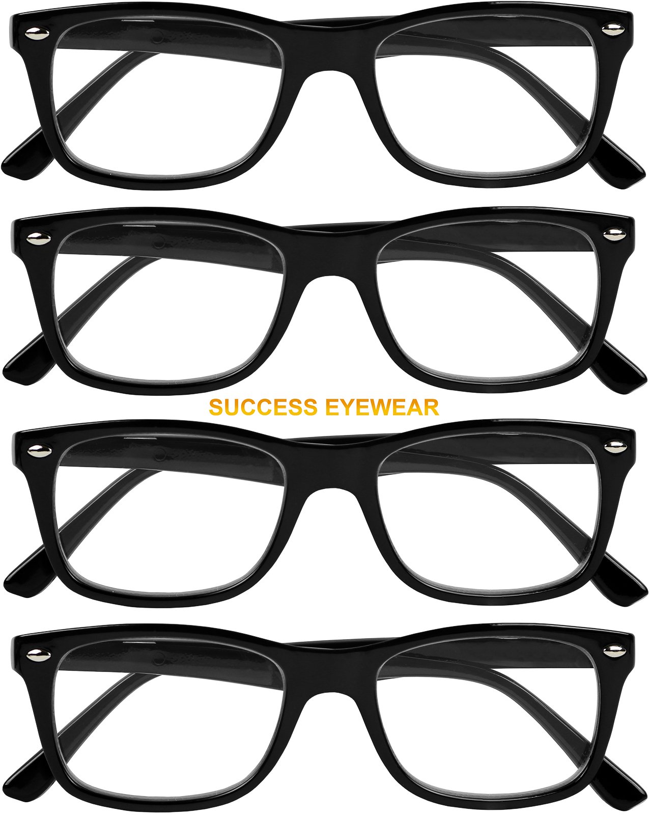 Success Eyewear Reading Glasses Set of 4 Black Quality Readers Spring Hinge Glasses for Reading for Men and Women +3