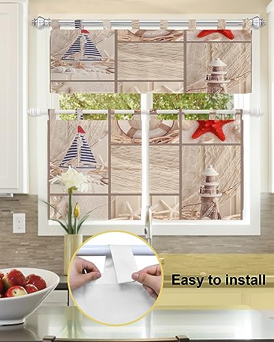 Tab Top Curtain Valance and Tiers Set,Summer Beach Red Starfish Shell Lifebuoy Light Filtering Kitchen Curtains Valances,Lighthouse Sea Nautical Boat Cafe Window Treatment Drapes for Bedroom