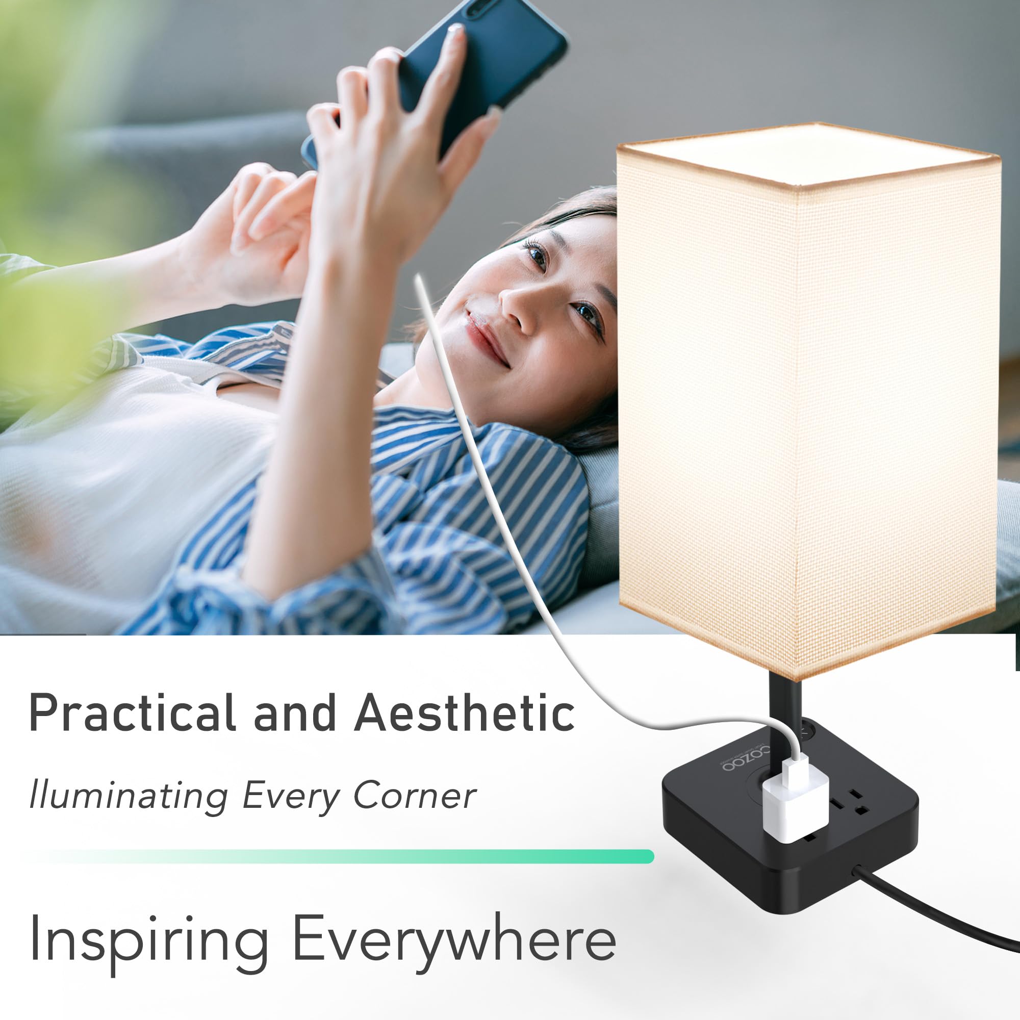 Table Lamp Dimmable cozoo USB Bedside Table Desk Lamp with 3 USB Charging Port(A+C) 2 Outlet,Nightstand Lamp with Charger Base White Fabric Shade,LED Touch Lamp for Bedroom/LivingRoom/Dorm/Home Office