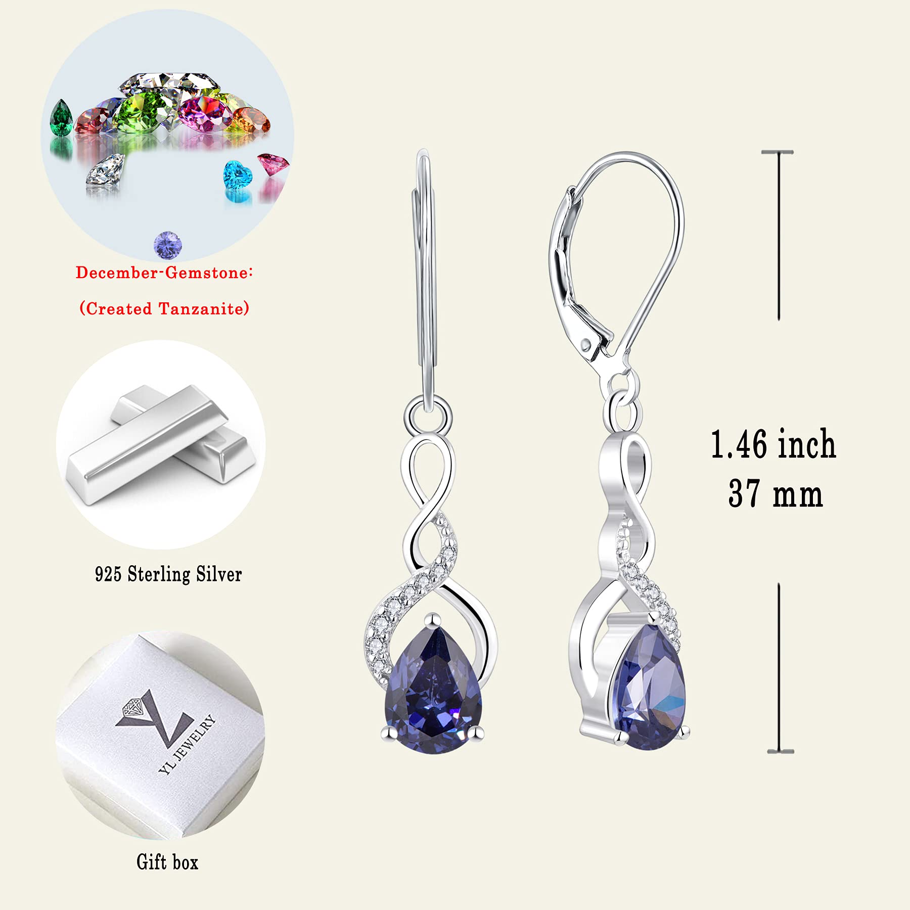 YL Dangle Drop Earrings 925 Sterling Silver Infinity Leverback Earrings Created Tanzanite Jewelry Gifts for Women