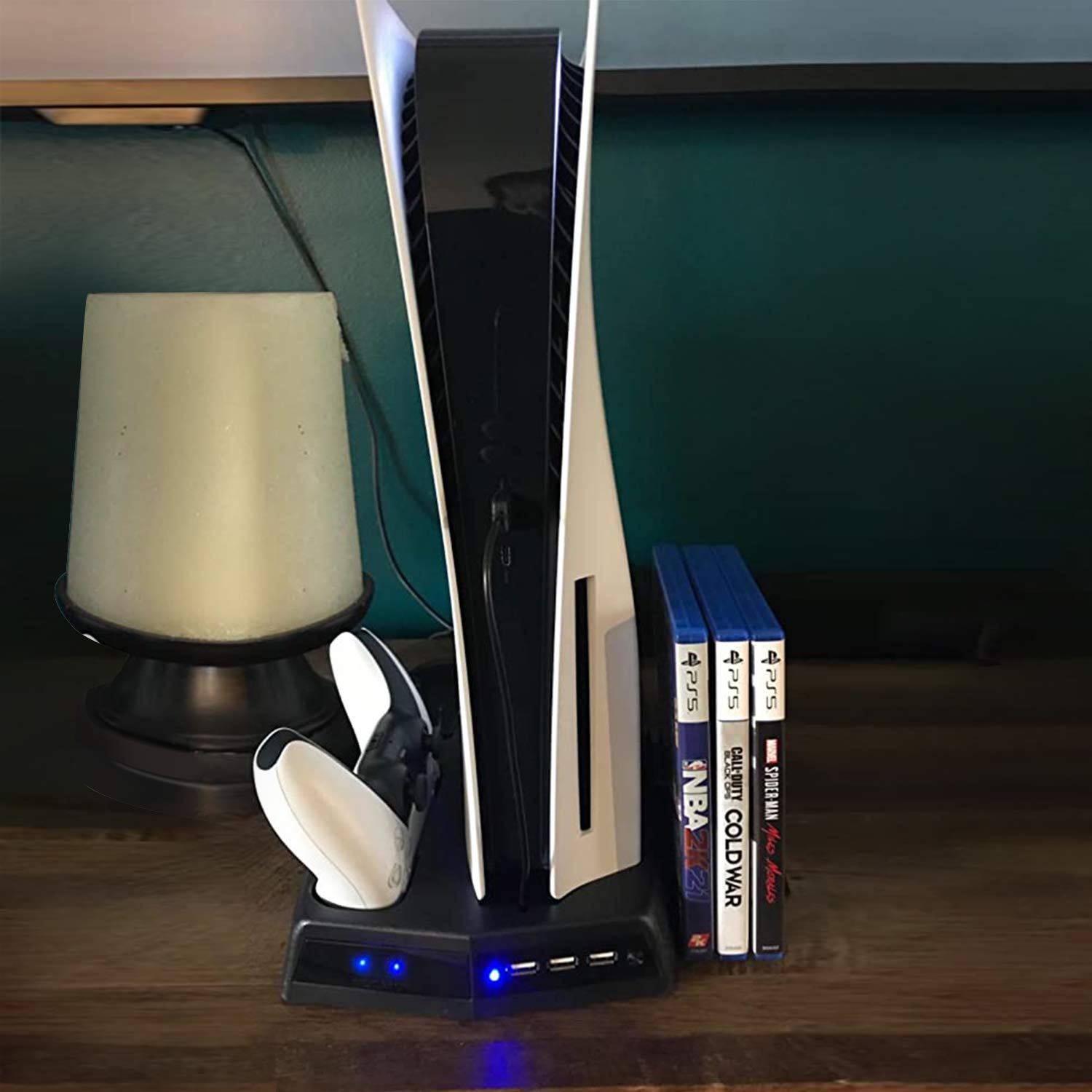 Woolia Vertical Stand Cooling Fan Station for Playstation 5 Digital Edition/Ultra HD, PS5 Stand with 14 Retractable Game Slots & Organizer USB Ports & Dual Controller Charging Dock & LED Indicators