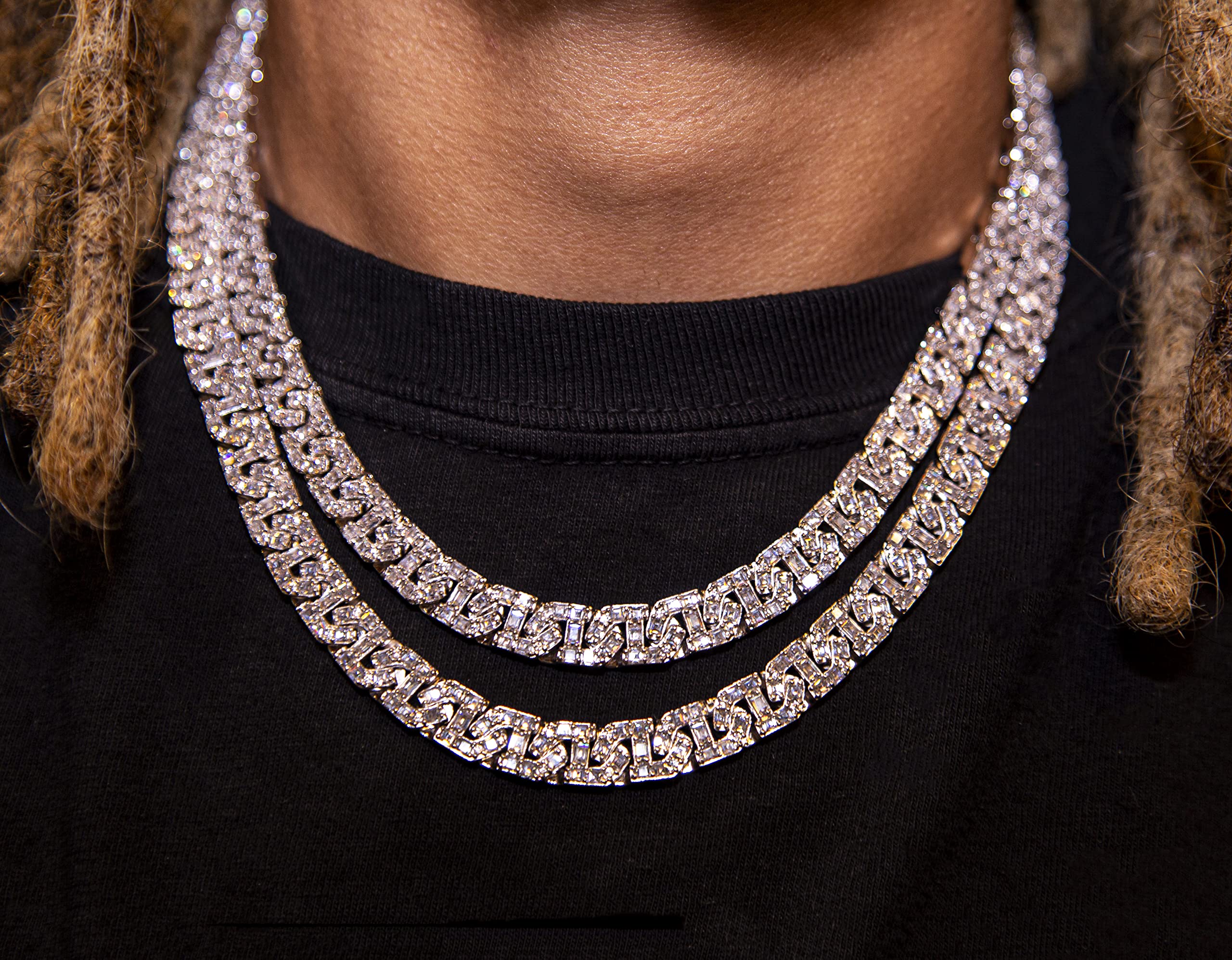 The GLD Shop 15MM Baguette Chain Link Necklace, 16" 18" 20" 22" - Gold, White Gold (20 inch, Gold)