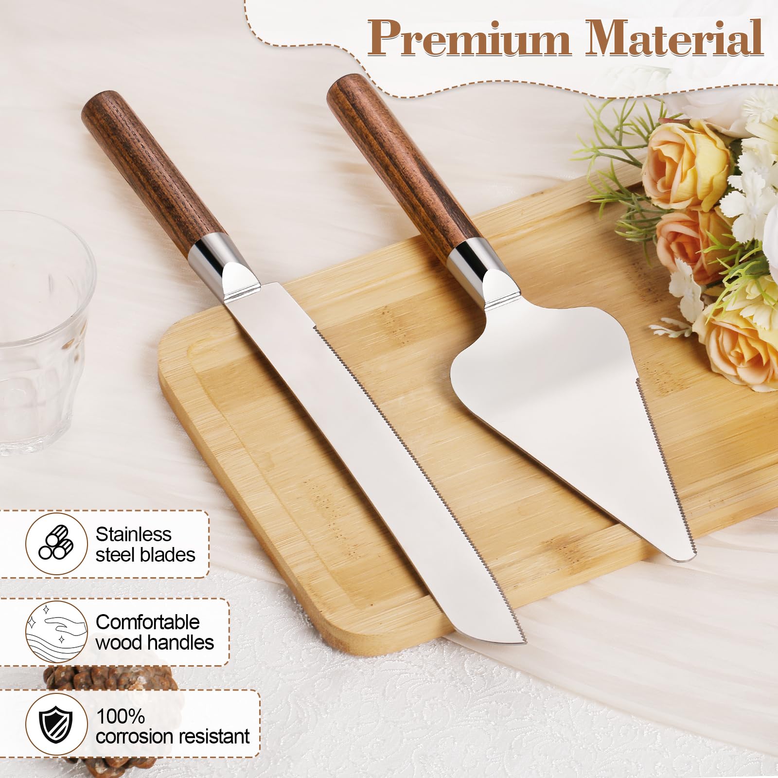 TUKDAK Cake Cutting Set for Wedding, Wood Cake Knife and Server Set, Vintage Pie Cake Cutter, Silver Pizza Dessert Utensils Bridal Anniversary Birthday QuinceaƱera Gift (Original Wood)