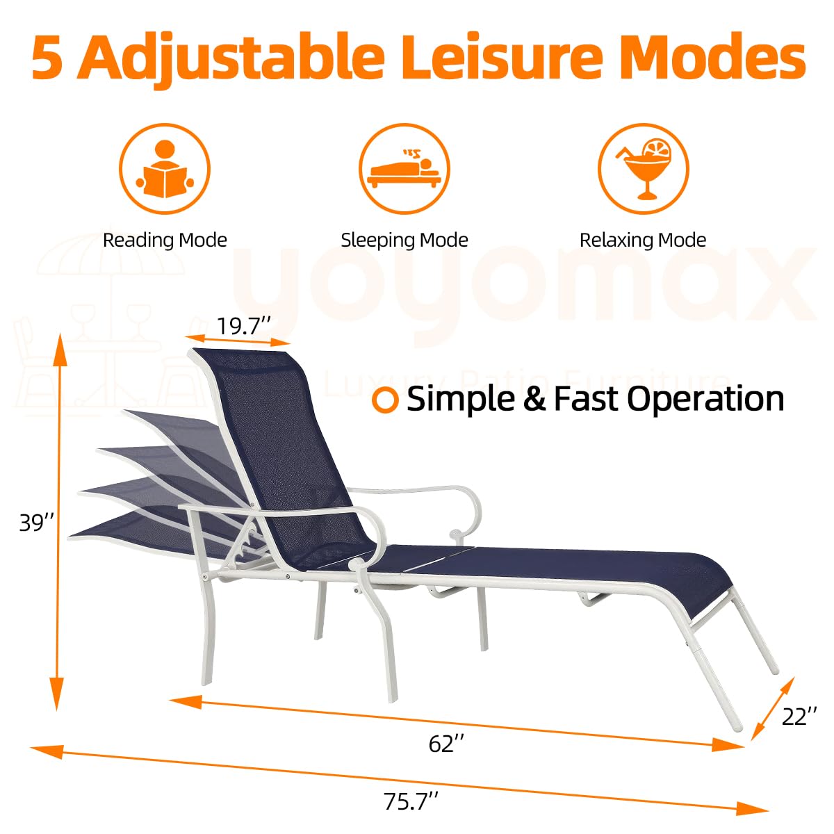 SUMELL Chaise Lounge Outdoor w/Adjustable Back in 5 Reclining Levels Sturdy Metal Frame Sunbathing Chair for Beach, Yard, Balcony, Poolside, Dark Blue