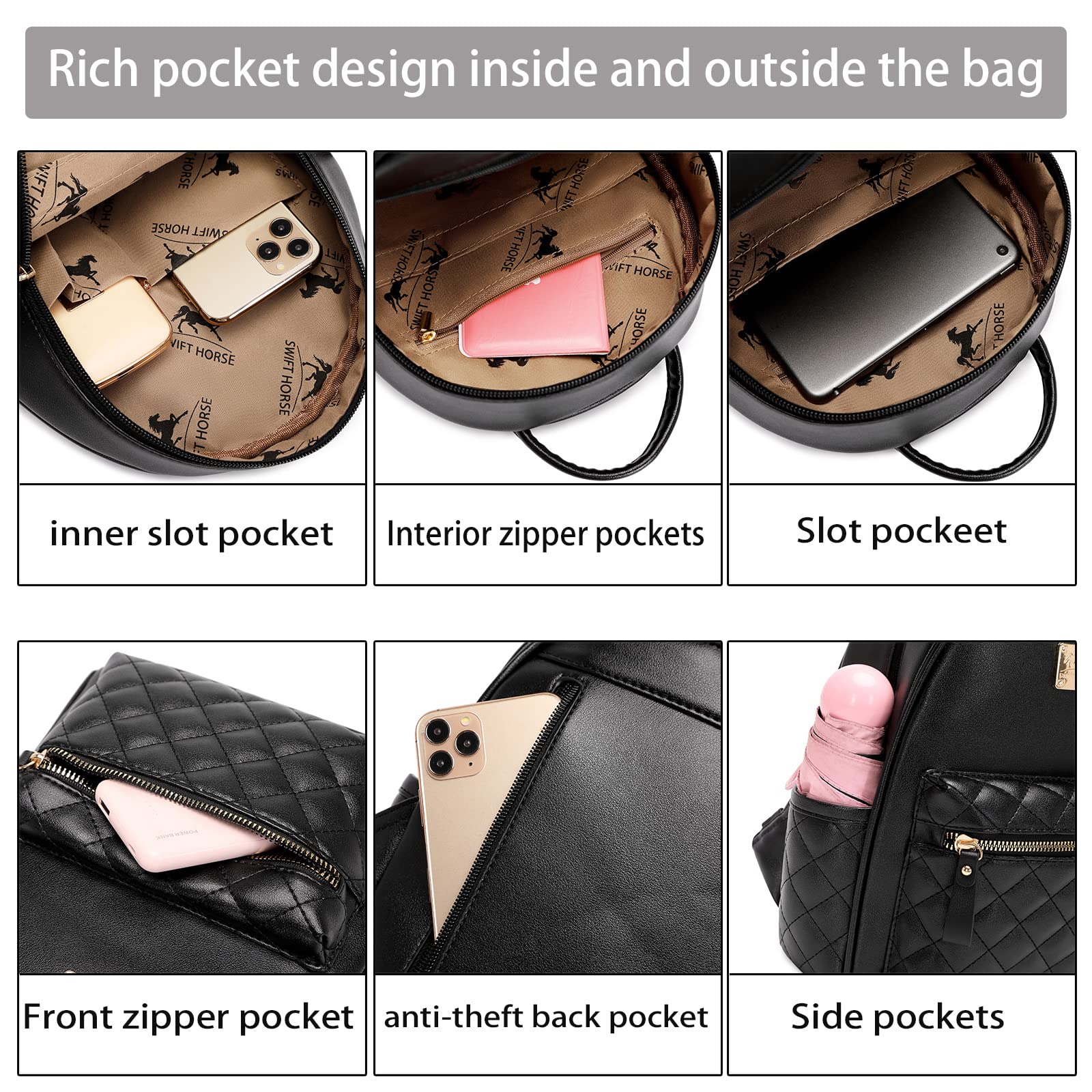 Women Mini Backpack Purse Small Cute Floral Print Faux Leather Womens Double Strap Shoulder Bag Purse (Black)