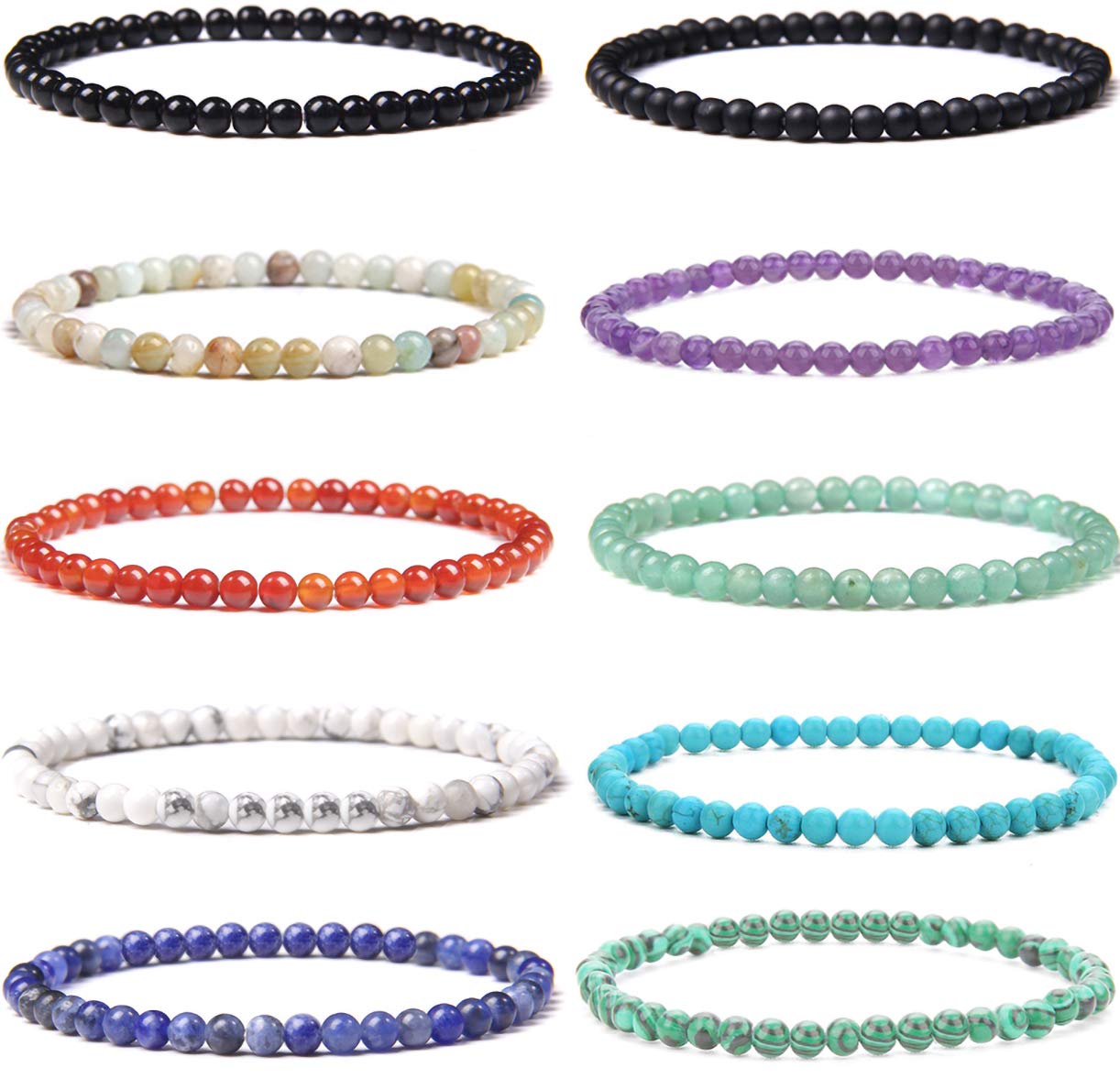 WAINIS 10 Pcs 4MM Mini Semi Precious Gemstone Energy Bracelets for Women Tiny Bracelet Stone Statement Bracelet Charm Beaded Couples Bracelets