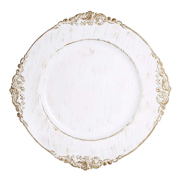 Tableclothsfactory 6 Pack White 13" Round Baroque Charger Plates Leaf Embossed Antique Gold Rim for Tabletop Decor Catering Event