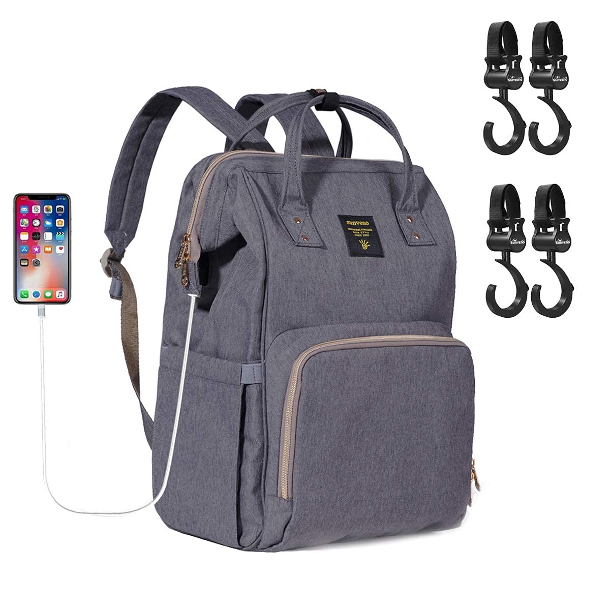 SUNVENO Diaper Bag Backpack with 4 Pack Stroller Hooks, Large Capacity Baby Bags Multifunction Travel Backpack for Mom and Dad, Grey